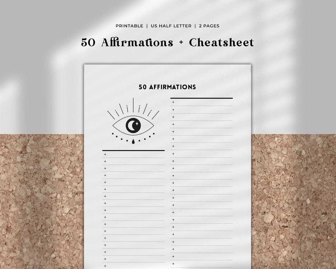 50 Affirmations Cheatsheet Printable Planner Worksheet Half US Letter ...