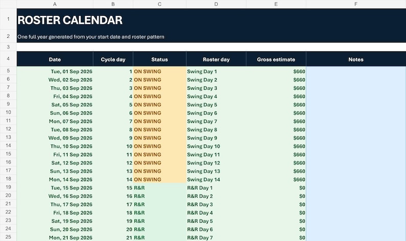 FIFO Roster & Pay Planner Spreadsheet | Australian Mining Work Cycle ...