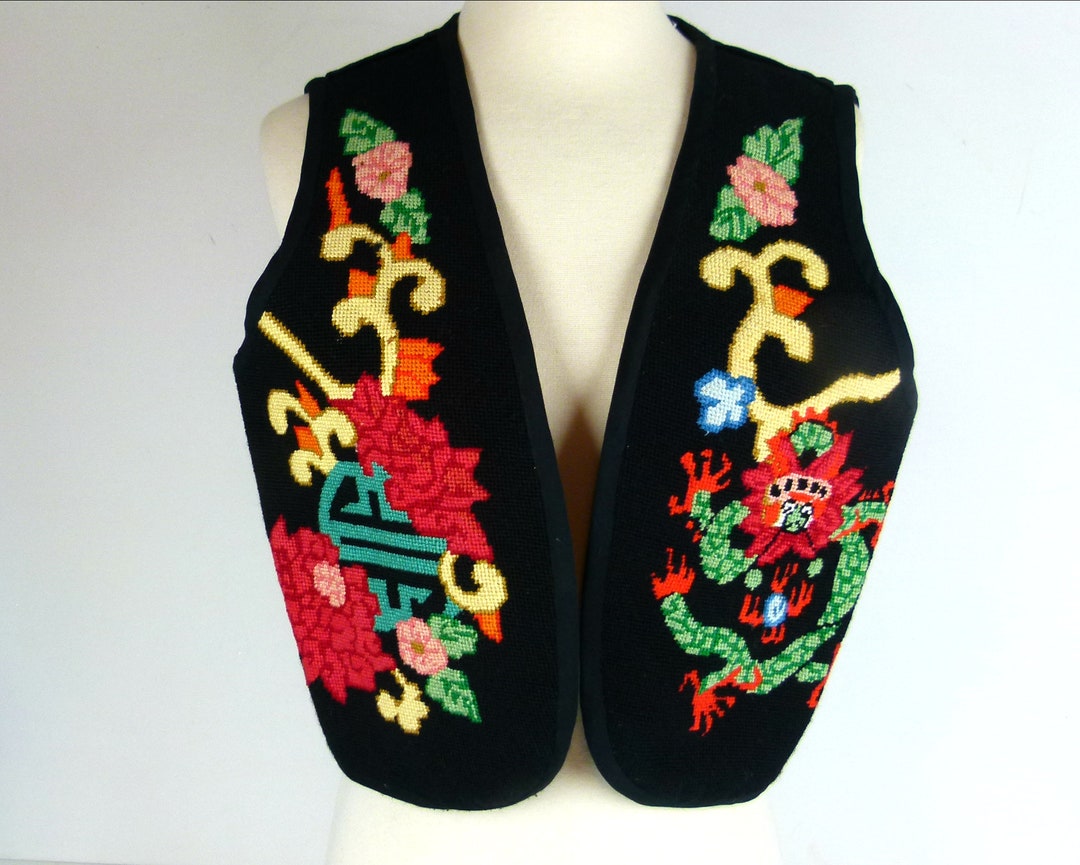 Asian Design Needle Point Vest | Black Velvet | M/L - Etsy