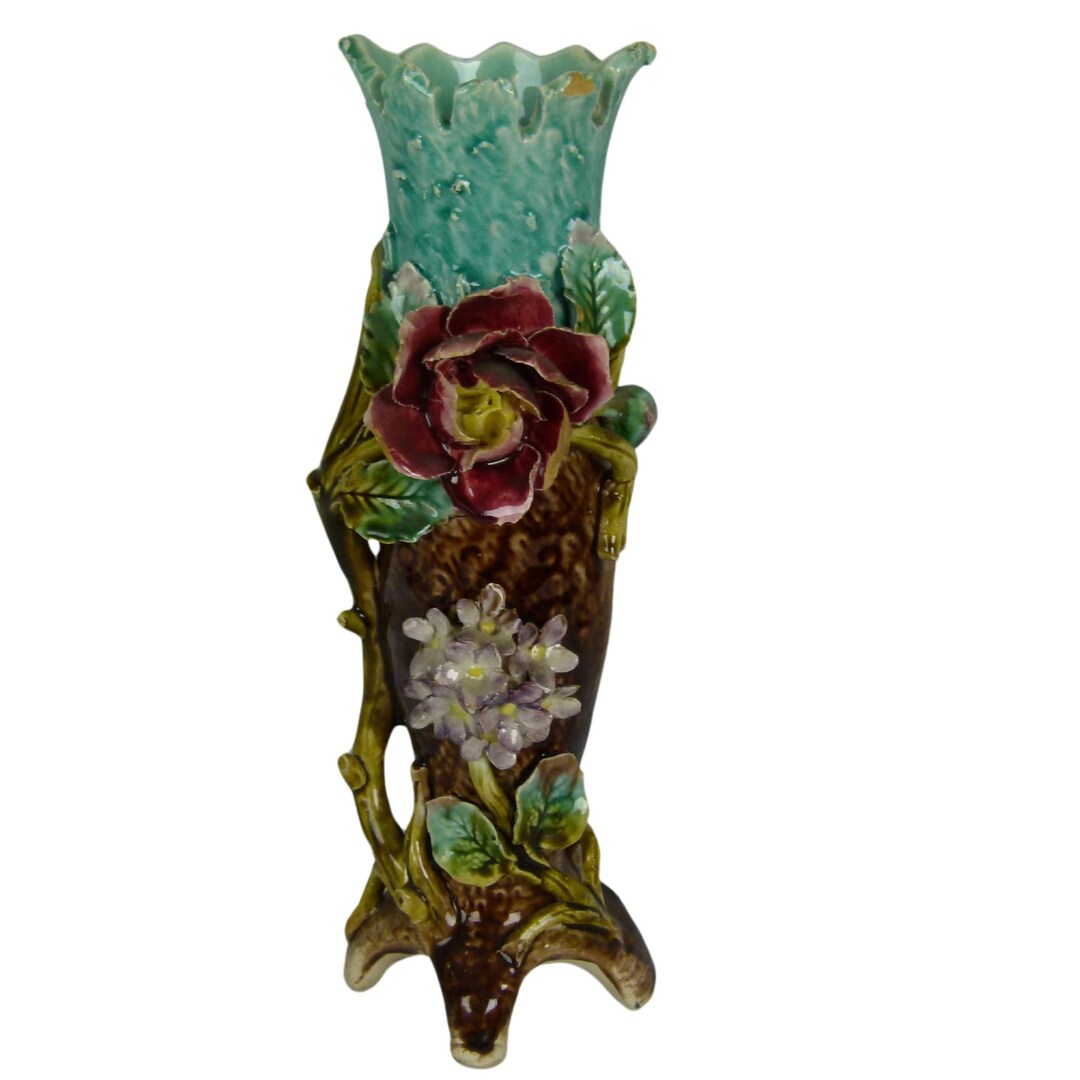 Vintage Majolica Vase | Applied Flowers and Leaves | Barbotine Flowers ...