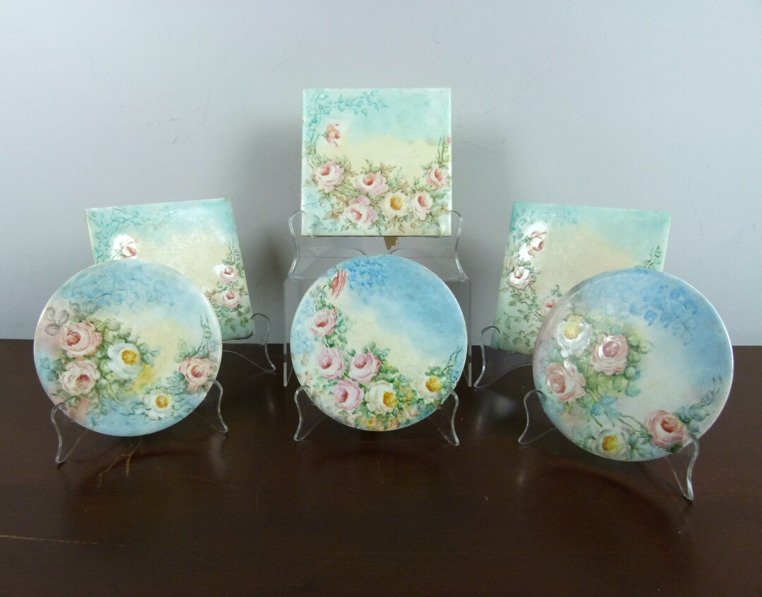 Vintage Ceramic Pink Rose Tiles | Hand Painted Floral Trivets | Tea ...
