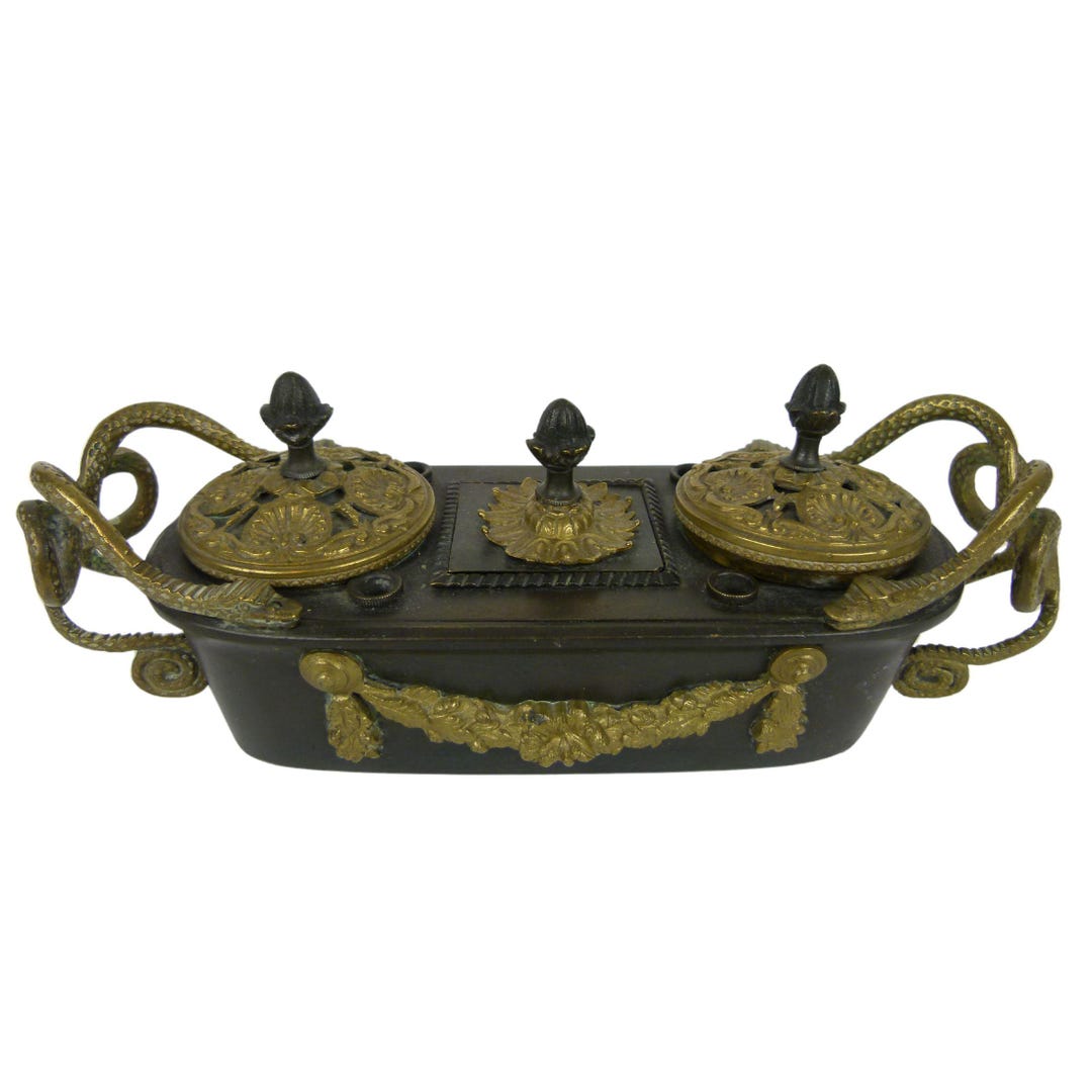 Antique English Regency Inkwell | Patinated Bronze & Ormolu | Serpent ...
