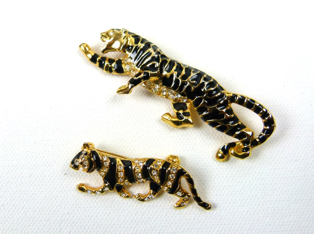 Two Enameled Tiger Brooches With Rhinestones - Gold and Black Tone ...