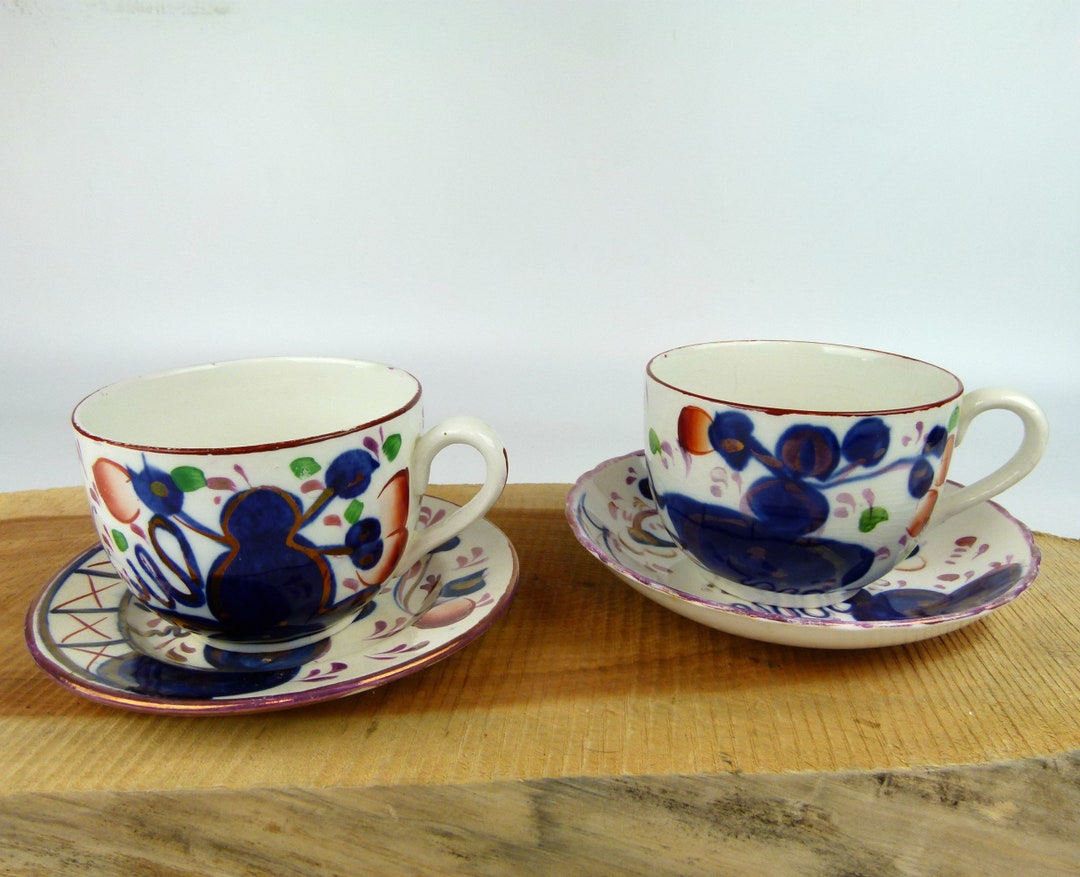 Antique Gaudy Welsh Tea Cups and Saucers | Oyster Pattern | 19th ...
