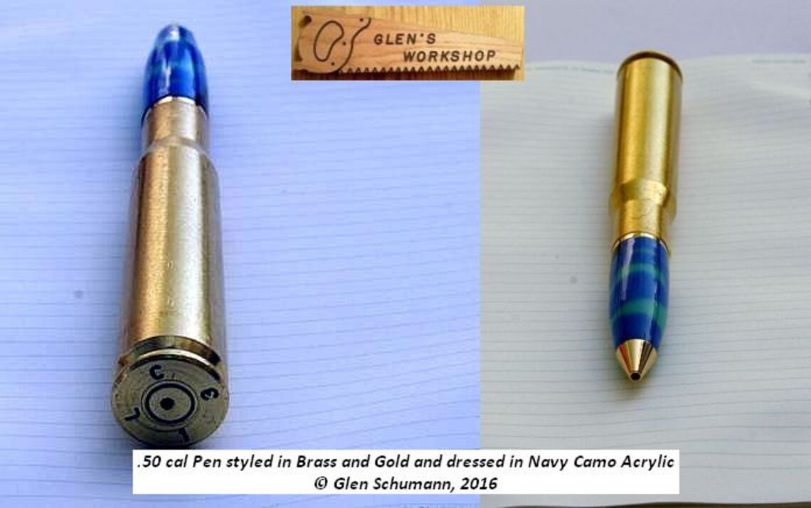 50 Cal Bullet Pen Brass, Gold, Navy Camo Acrylic. - Etsy