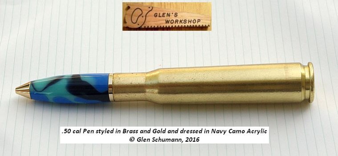 50 Cal Bullet Pen Brass, Gold, Navy Camo Acrylic. - Etsy