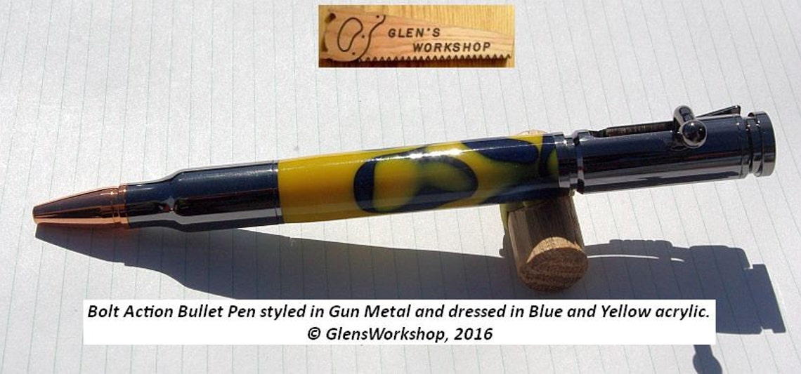 Bolt Action Bullet Pen Handmade Pen Gun Metal Blue Yellow - Etsy