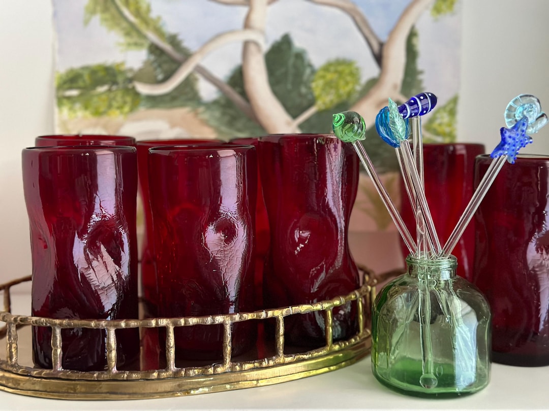 Vintage Pilgrim Glass Ruby Red Pinched Crackle Tumblers Set of 8 - Mid ...