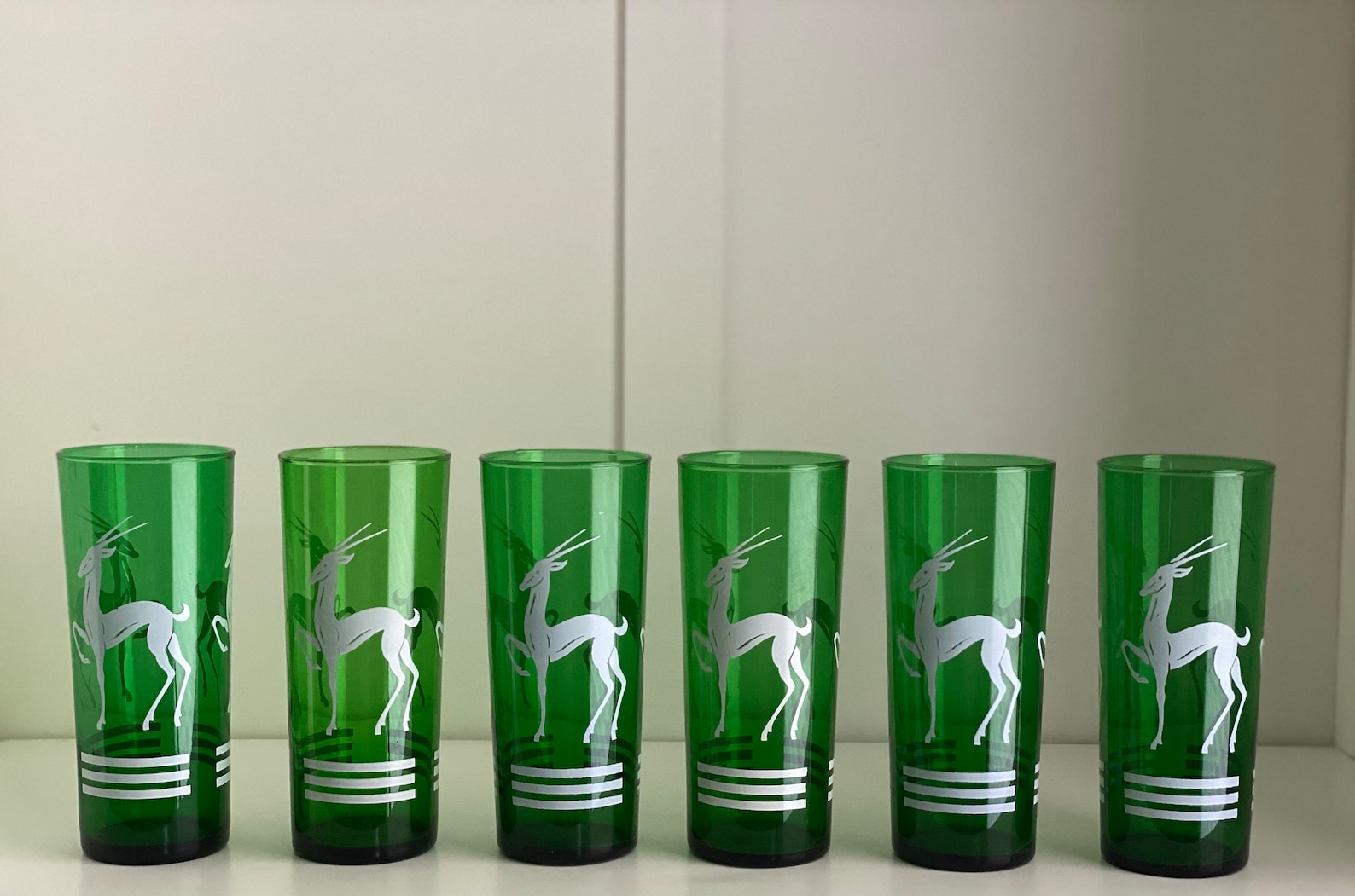Hazel Atlas White Gazelle Green Collin Glasses Set of 6 MCM - Etsy