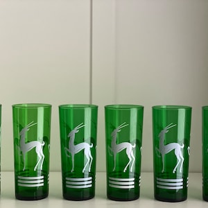 Hazel Atlas White Gazelle Green Collin Glasses Set of 6 MCM Gazelle ...