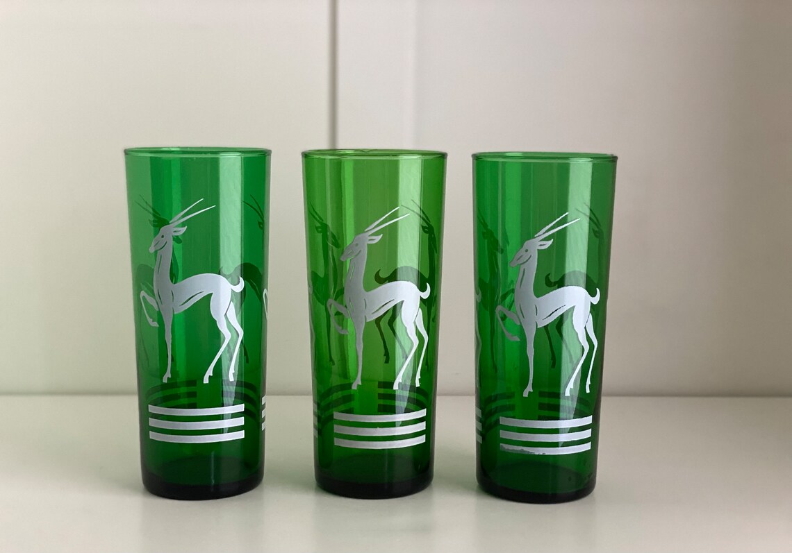 Hazel Atlas White Gazelle Green Collin Glasses Set of 6 MCM - Etsy