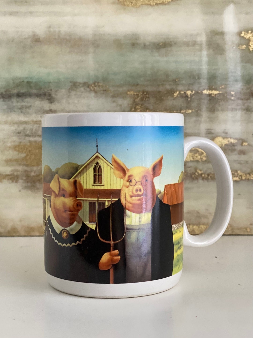 Whimsical American Gothic Pig Mug: Funny Farm Couple Parody Coffee Cup ...