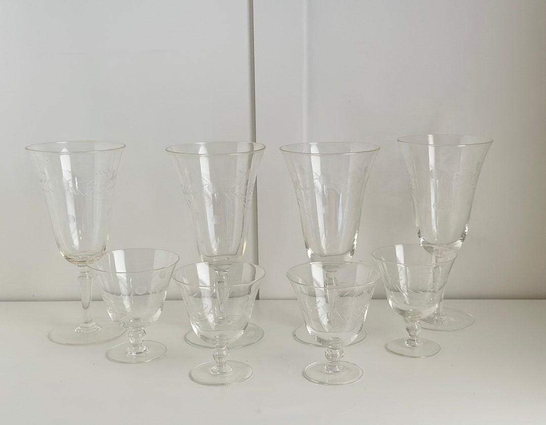 Vintage Willow Moon Etched Glassware Set: Hand-blown Goblets & Juice ...