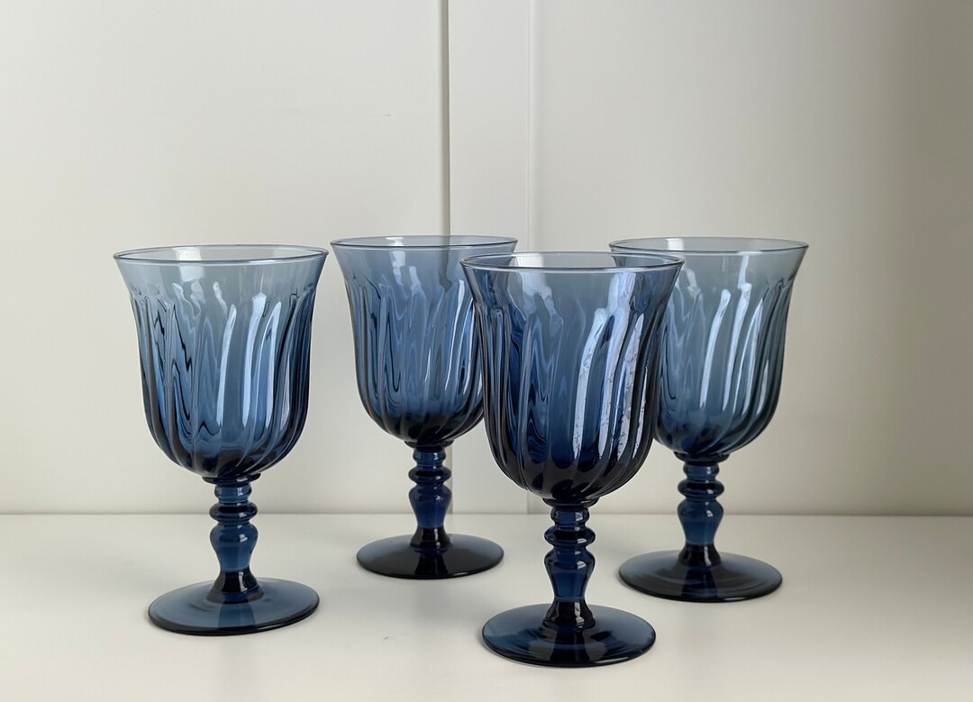 Gorham Gentry Blue Water Goblets, Blue Swirled Pressed Glass Goblets ...