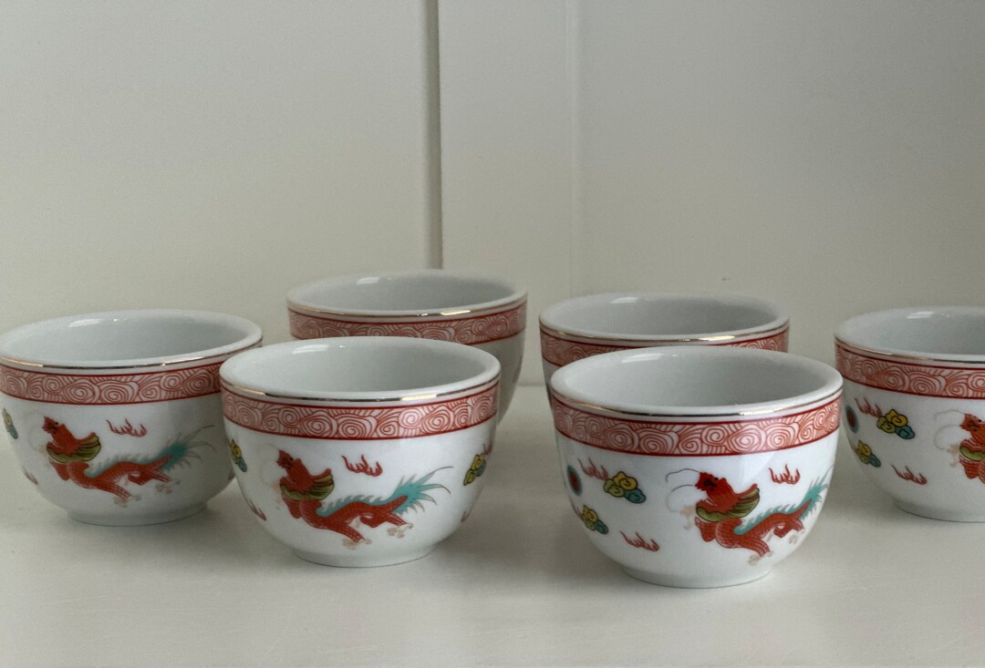 Set of 6 Red Dragon & Phoenix Tea Cups by World Market, Hand Painted ...