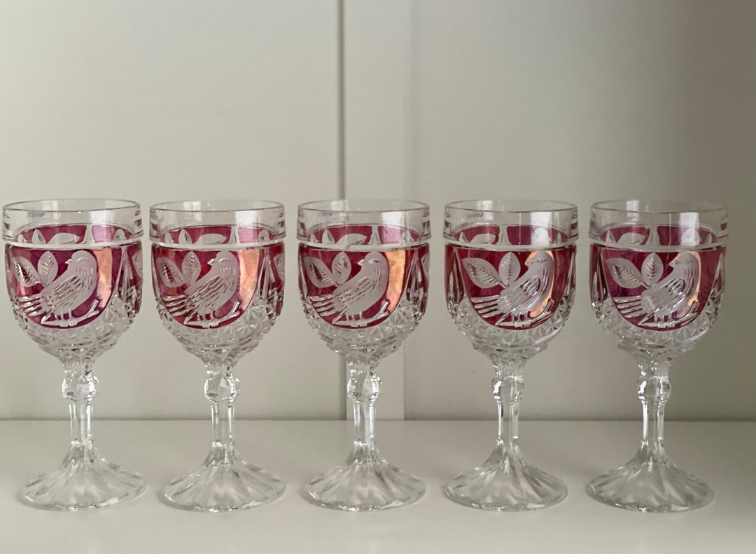 Nachtmann Amaris Etched Crystal Ruby Red Bird Water Goblets, Hofbauer ...