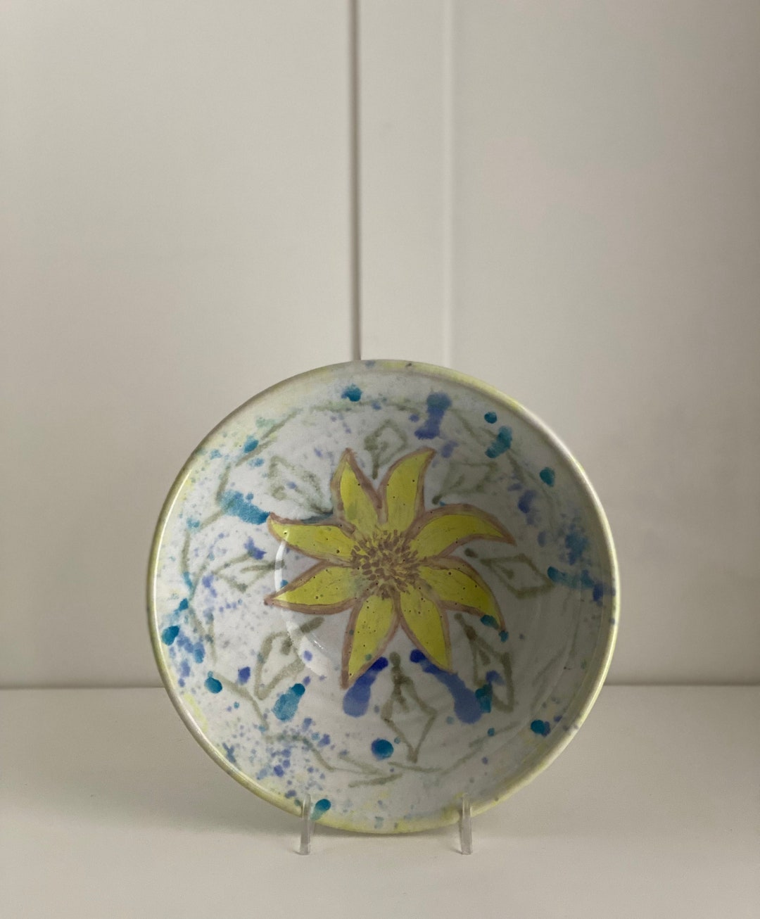 Rustic Handmade Splatter Glaze Pottery Bowl With Yellow Floral ...