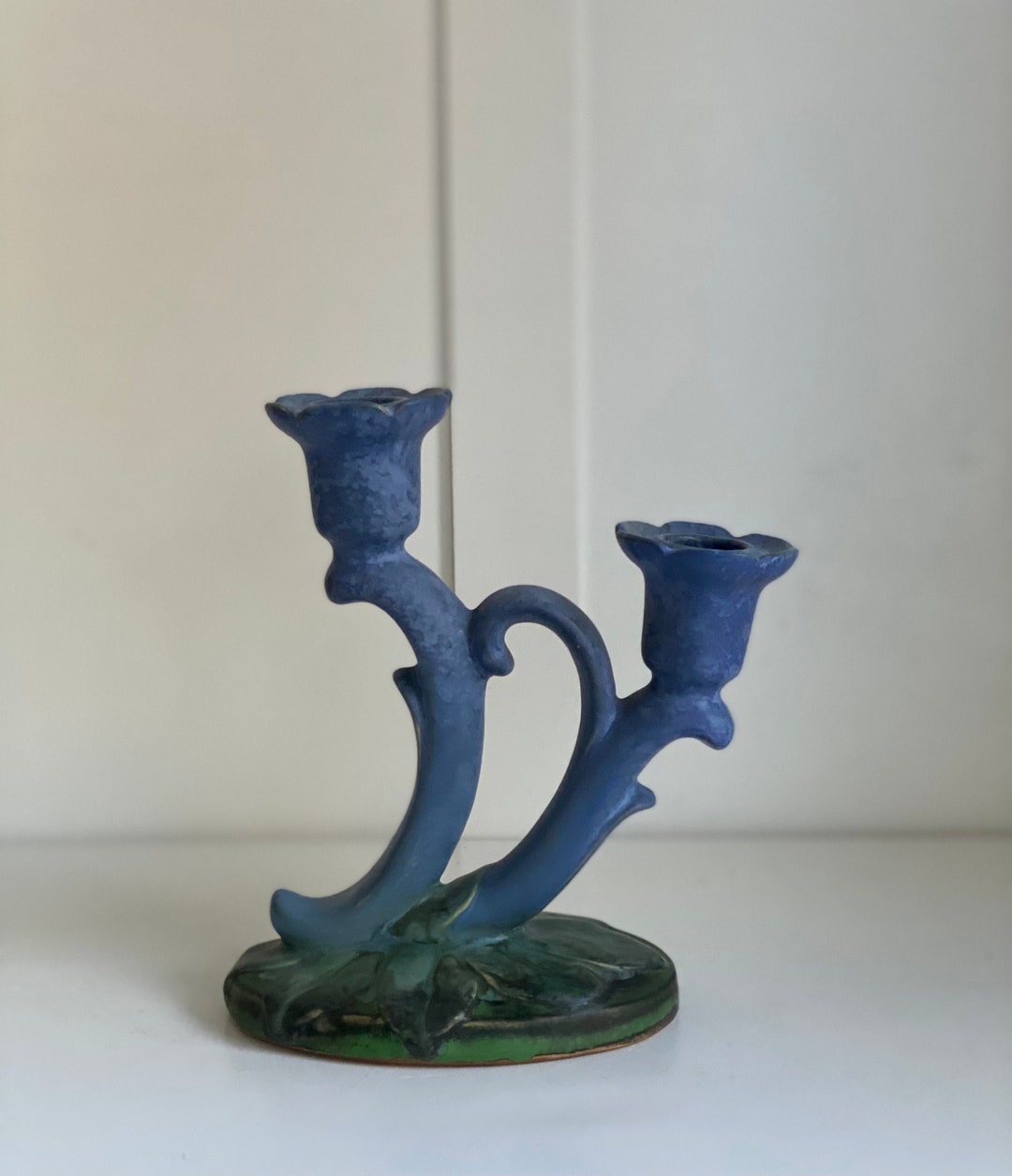 Weller Sydonia Ware Blue Double Candlestick, Art Deco Candle Holder ...