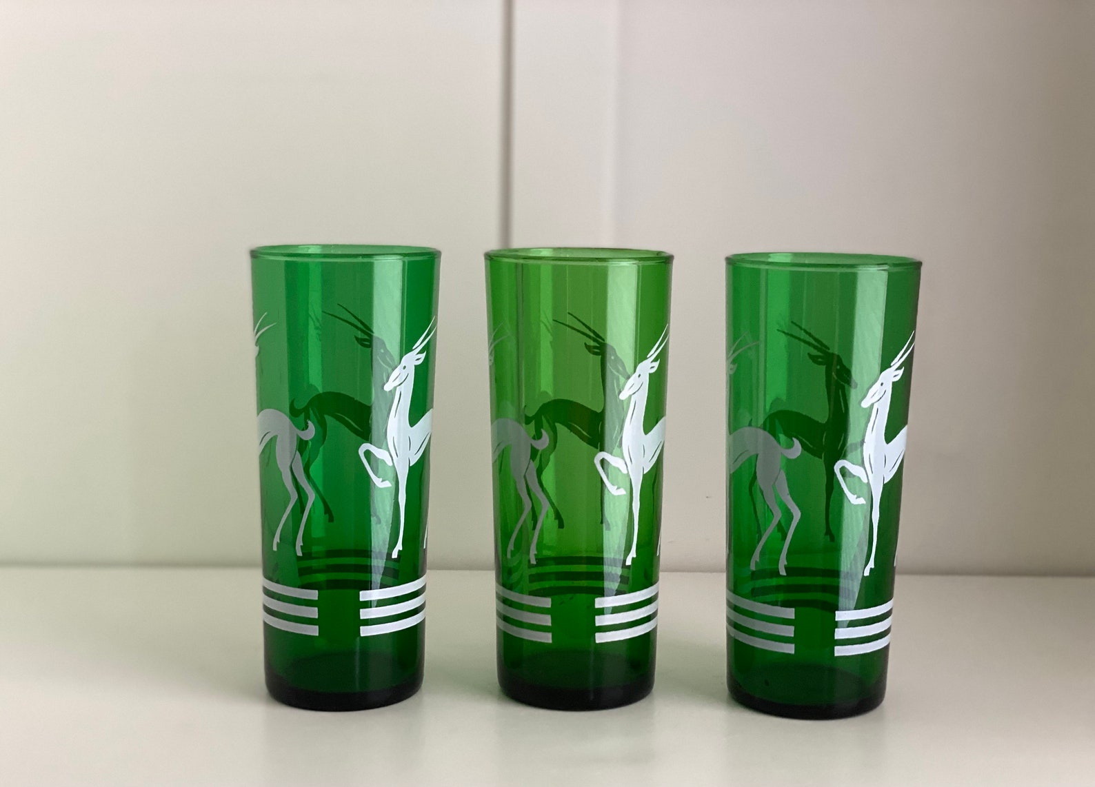 Hazel Atlas White Gazelle Green Collin Glasses Set of 6 MCM - Etsy