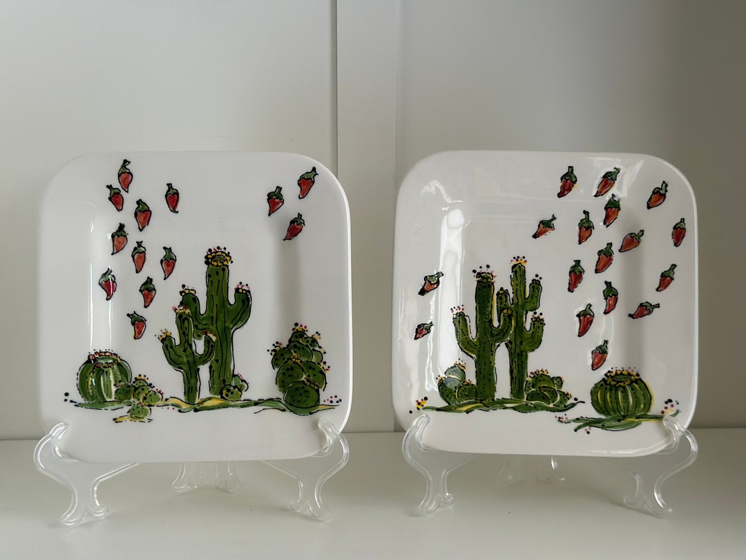 Hand Painted Square Cactus / Cacti Plates, Signed by the Artist MMC ...