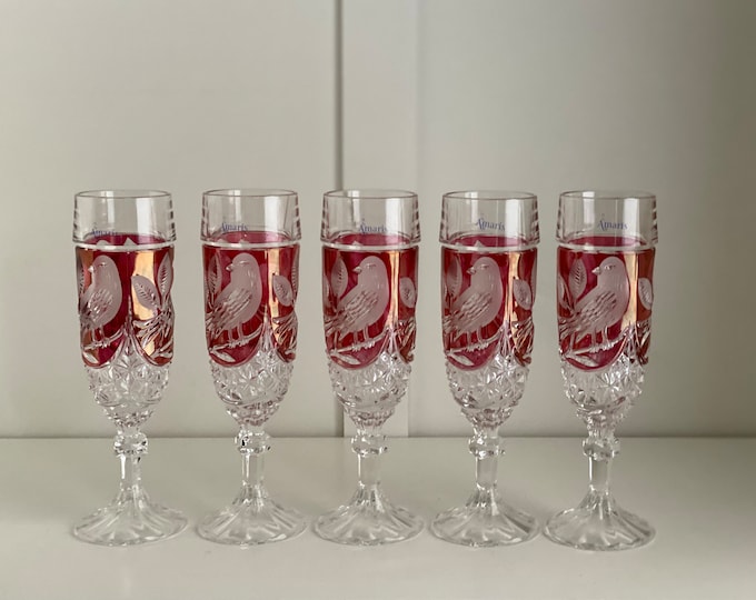 Nachtmann Amaris Etched Crystal Ruby Red Bird Champagne Flutes ...