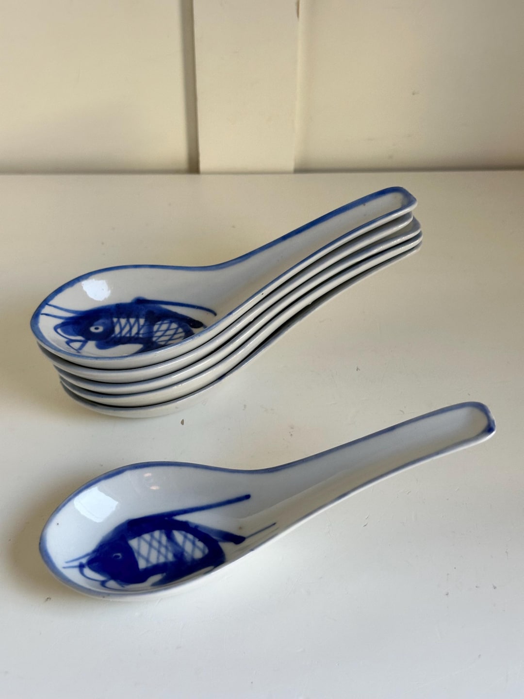 Vintage Chinese Koi Fish Soup Spoons - Blue & White Chinoiserie ...