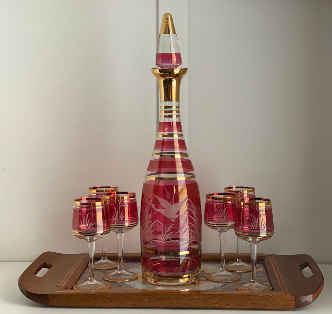 Moser Glass Cranberry & Gold Striped Decanter Set With Crystal Cordial ...