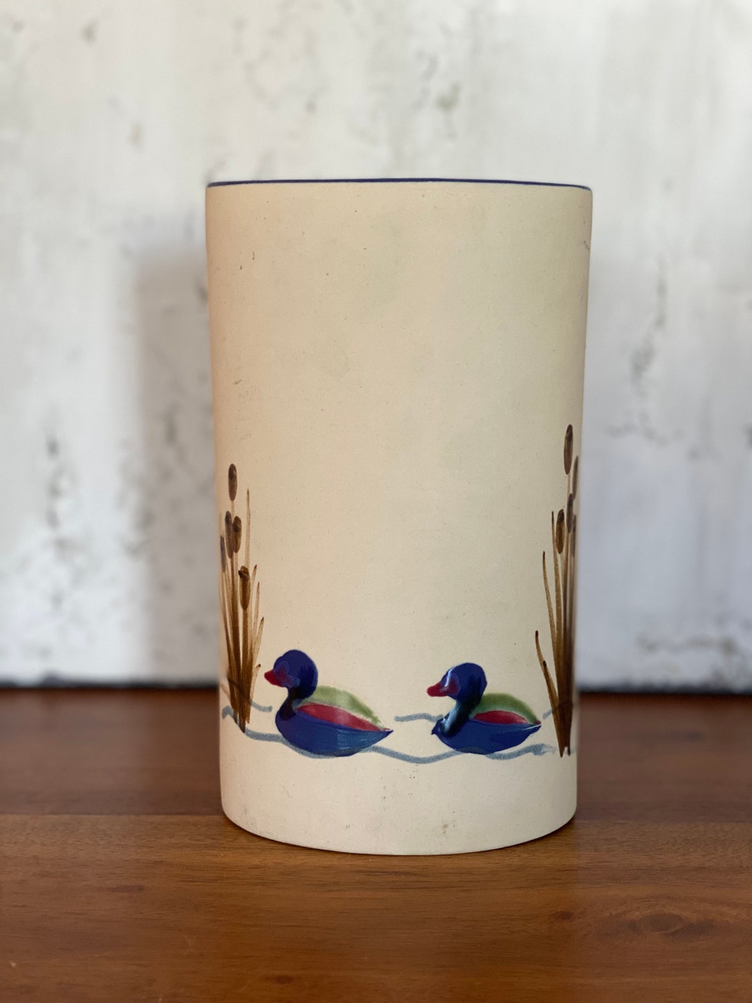 Vintage Swedish Gabriel Pottery: Hand-painted Blue Duck Vase With Grass ...