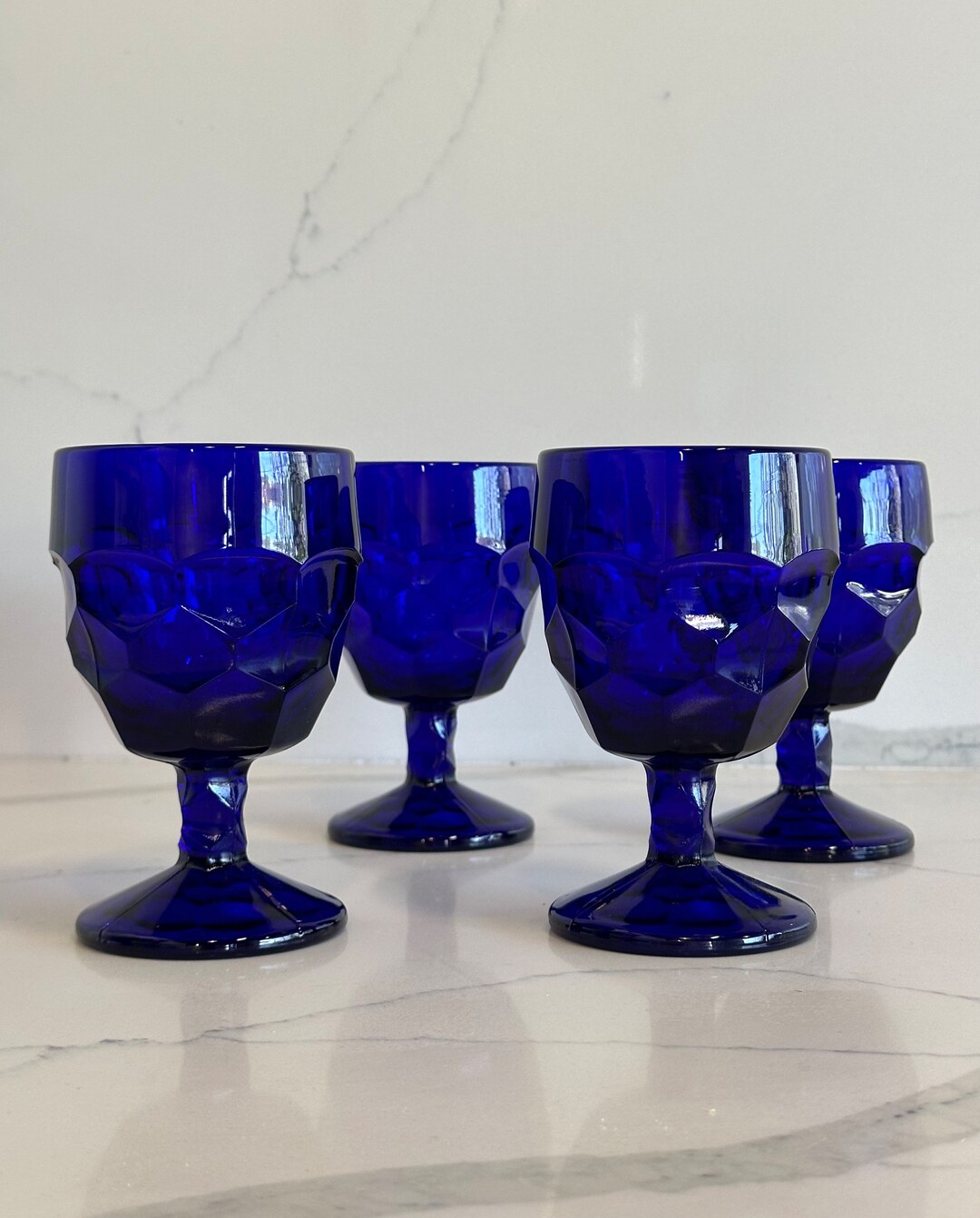 Vintage Cobalt Blue Pressed Glass Viking Georgian Water Goblets Set ...