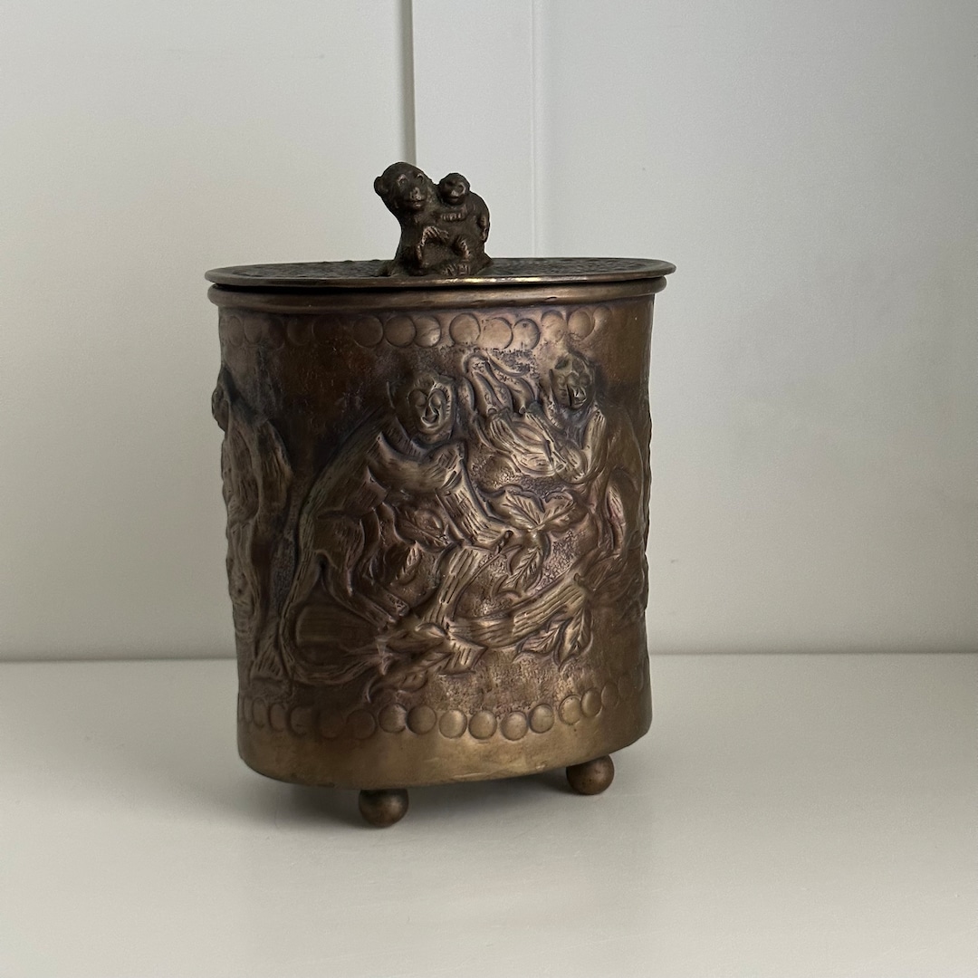 Vintage Hammered Brass Monkey Canister: Footed Tea Caddy, Humidor ...