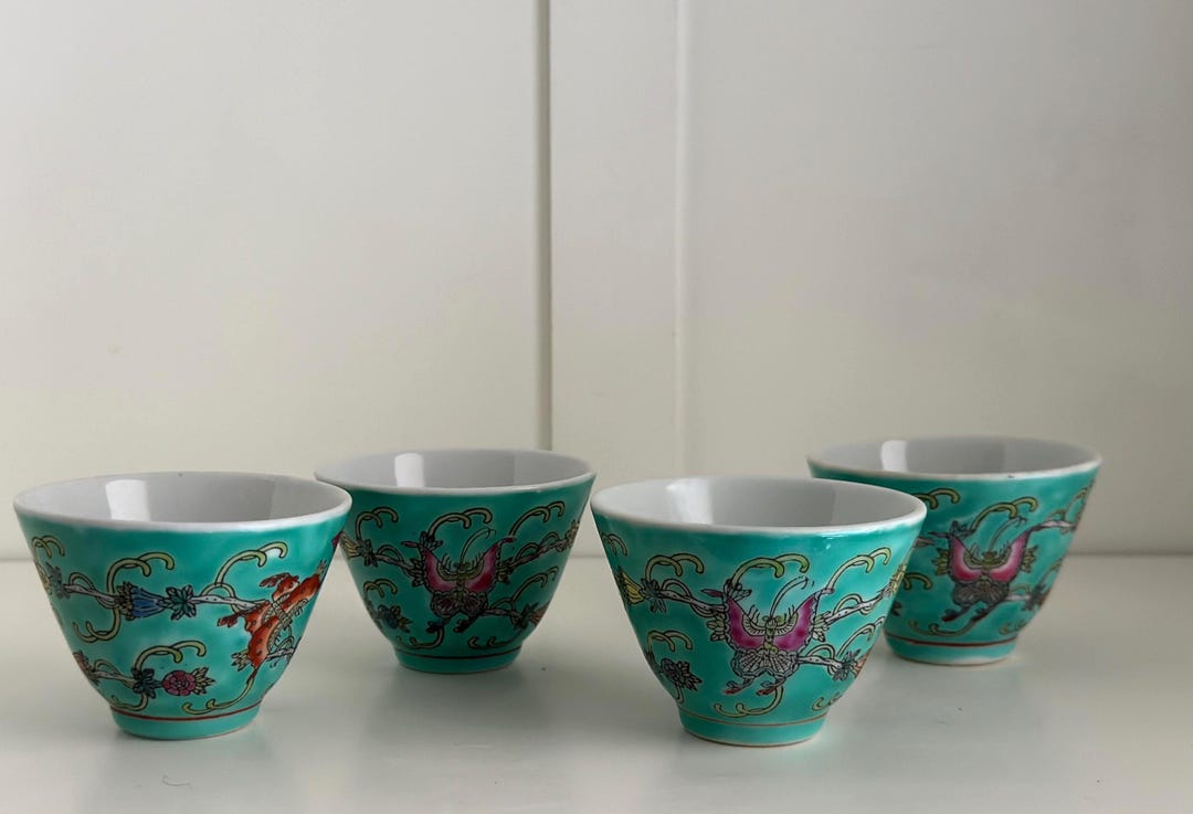 Vintage Jingdezhen Turquoise Enamel Famille Rose Tea & Sake Cups Set ...