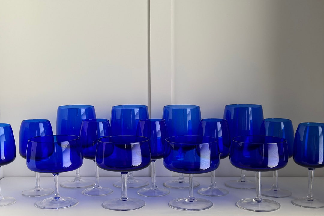 Vintage Cobalt Blue Crystal Stemware Set: 13 Pieces, Coupes, Goblets ...