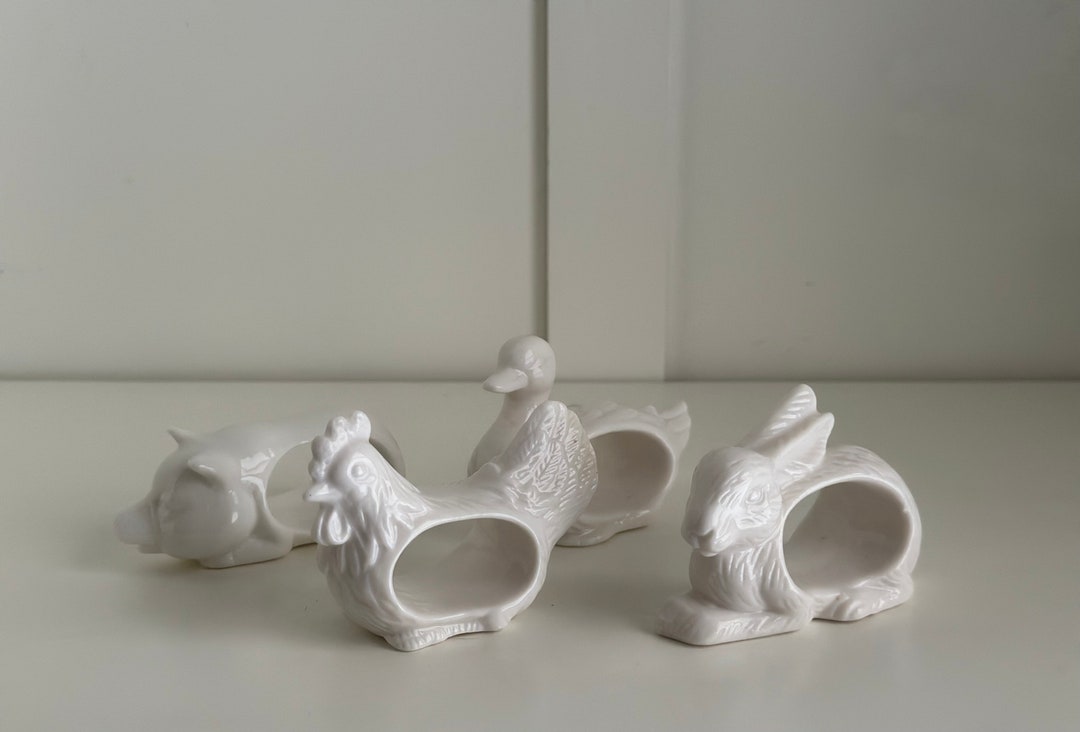 Vintage Farm Animal Napkin Rings, White Porcelain Rabbit, Pig, Chicken ...