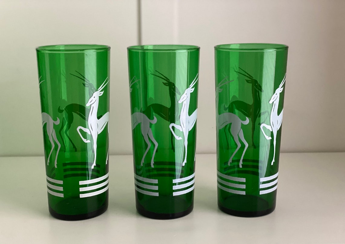 Hazel Atlas White Gazelle Green Collin Glasses Set of 6 MCM - Etsy