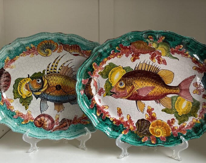 Large Crackle Glazed Fish Platters, Scalloped Edge With Sea Shell ...