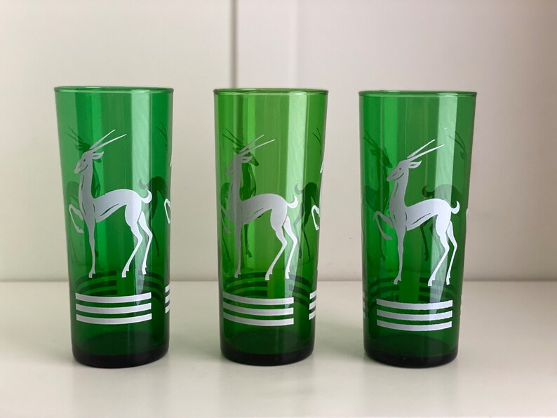 Hazel Atlas White Gazelle Green Collin Glasses Set of 6 MCM - Etsy
