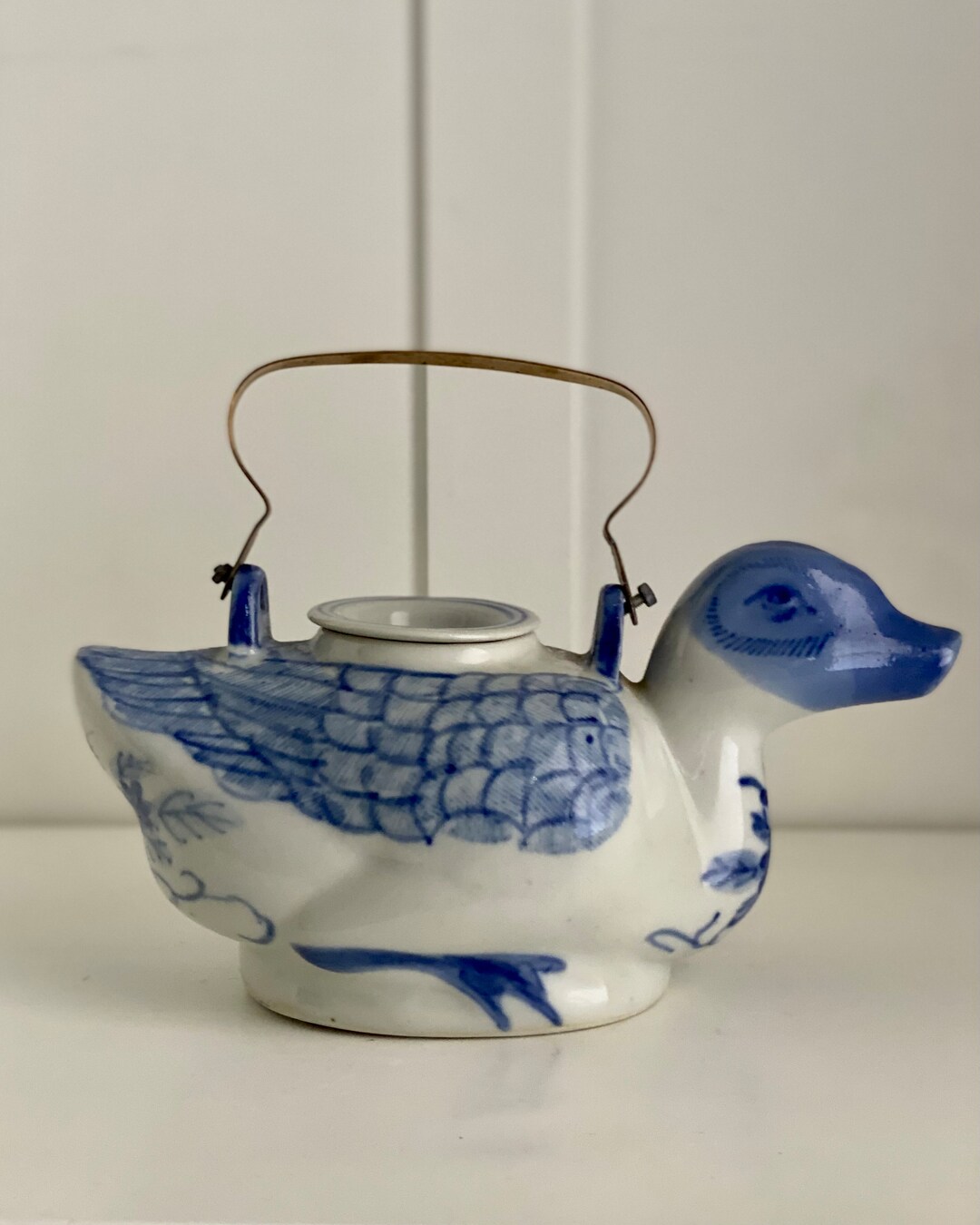 Rare Brass Handled Oriental Porcelain Duck Teapot, Hand Painted Blue ...