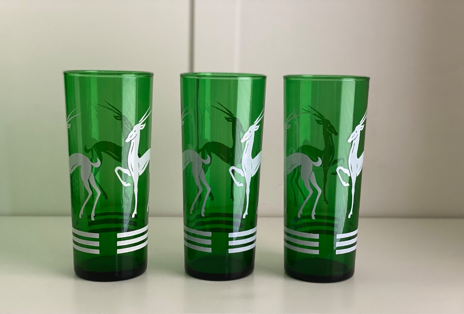 Hazel Atlas White Gazelle Green Collin Glasses Set of 6 MCM - Etsy
