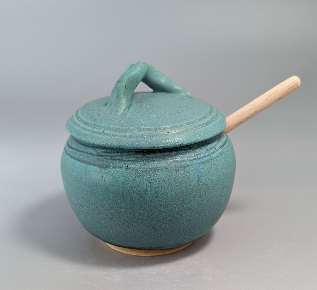 Handcrafted Honey Pot. Wheelthrown Pottery. Aqua Green Buttery Matt ...