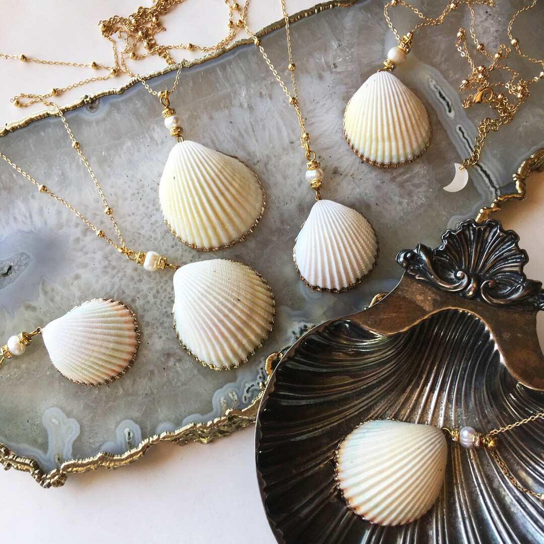 White Clam Seashell Gold Layering Necklace // White Shell and Pearl ...