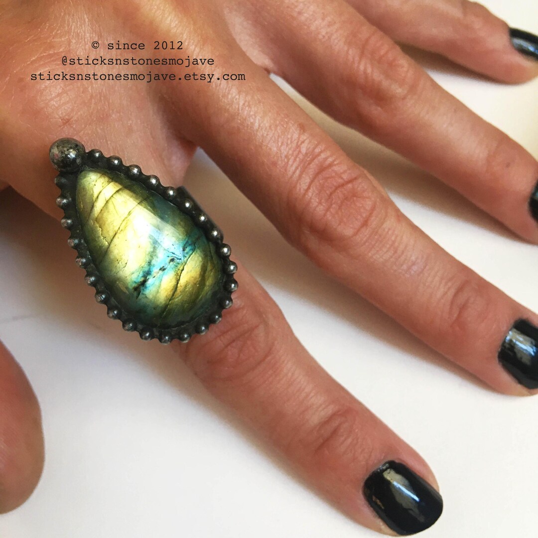 Blue Aqua Labradorite Teardrop Ring // Yellow Rainbow Labradorite Adjustable Size 5 6 7 8 Ring ...