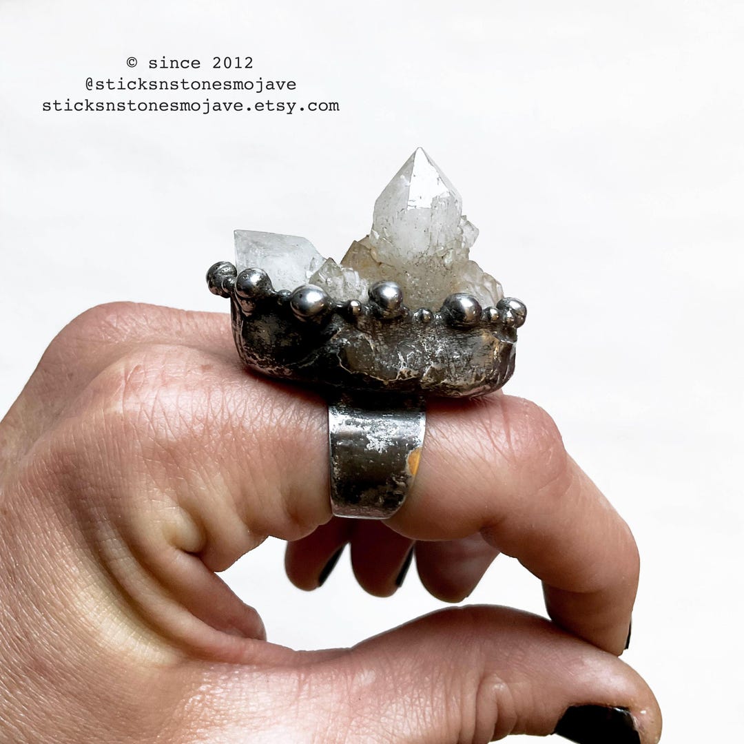 White Gray Spirit Quartz Crystal Cluster Adjustable Size 5 6 7 8 Ring ...
