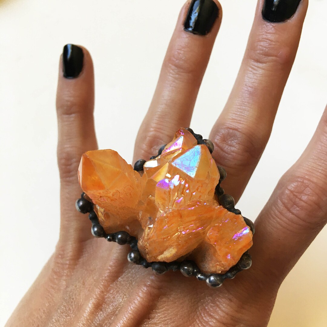 Large Orange Aura Quartz Crystal Cluster Ring // Orange Crystal ...