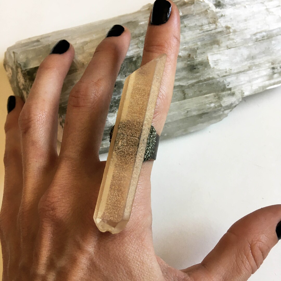 Large Peach Quartz and Pyrite Crystal Ring // Terminated Crystal ...