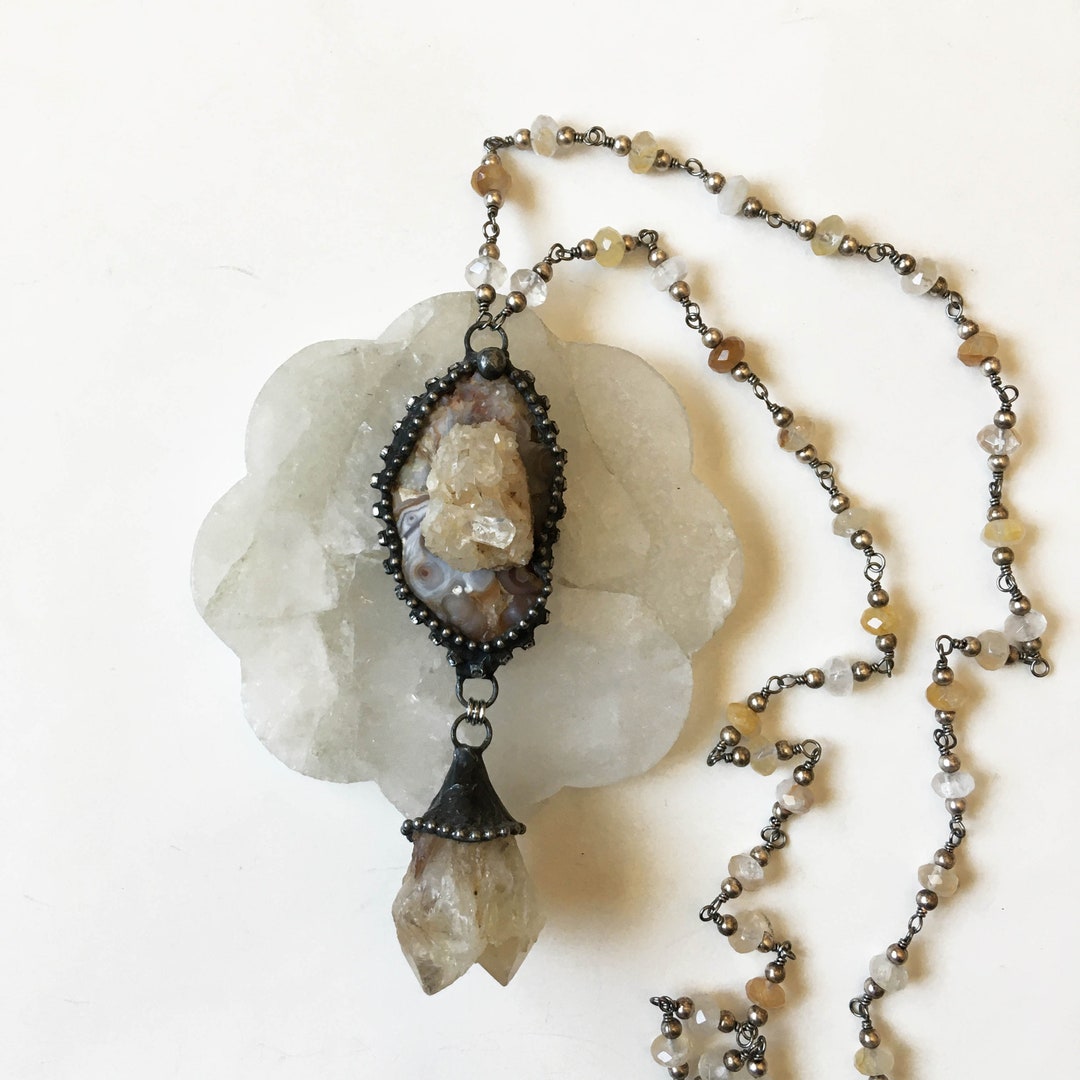 Iron Quartz Crystal Matrix Beaded Statement Necklace // Large Crystal ...