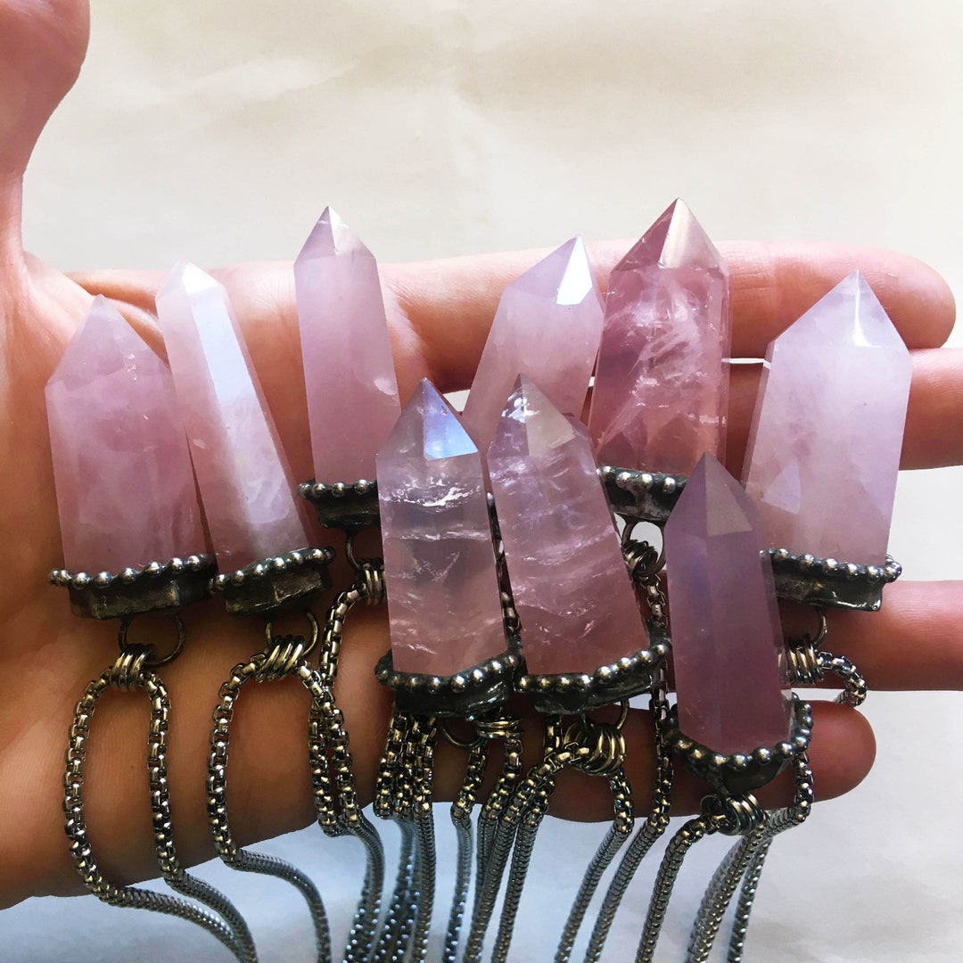 Rose Quartz Point Small Crystal Tower Necklace // Pink Crystal Obelisk ...