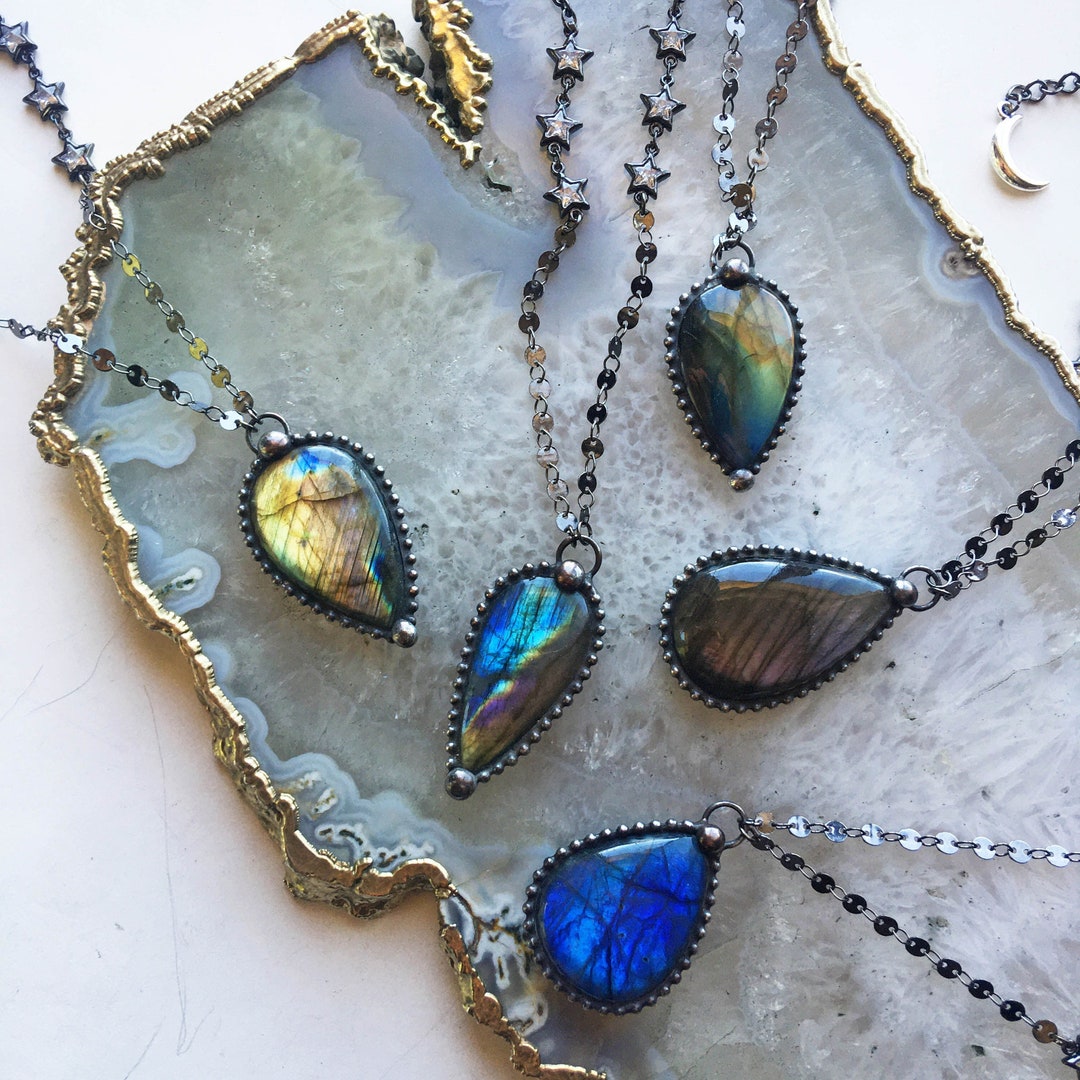 Rainbow Labradorite Teardrop Gunmetal Star Necklace // Blue Purple Pink ...