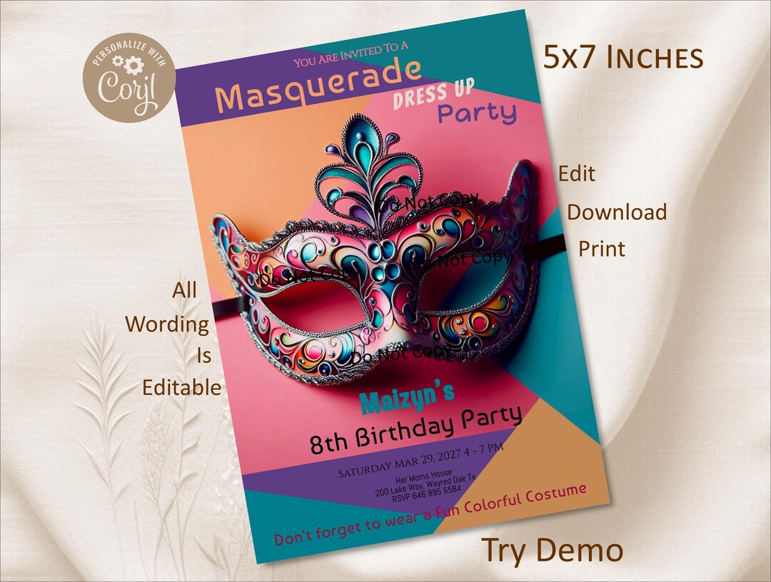 Girls Masquerade Birthday Invitation, Mask Invite, Halloween Ball, PJ ...