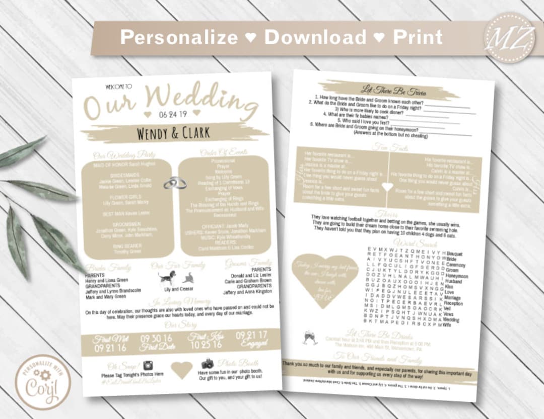 Wedding Program Template, Fun Wedding Program Boho Inspired Wedding ...
