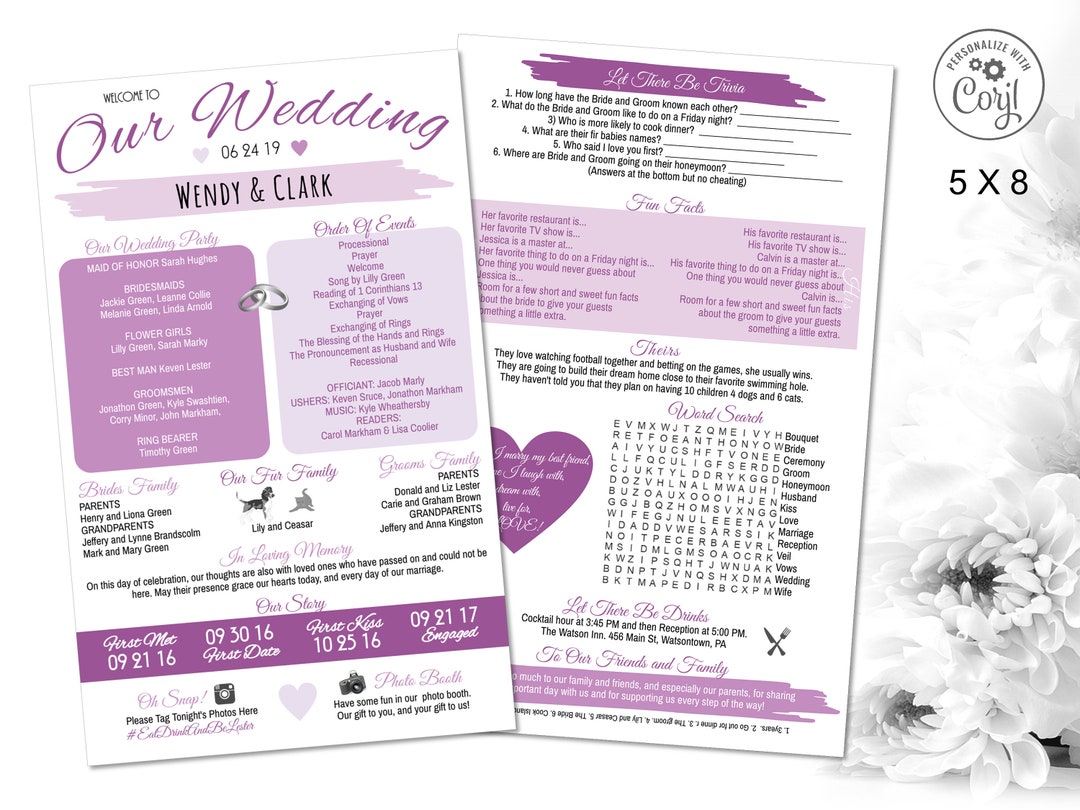 Wedding Program Template, 5x8 2sides Fun Infographic Wedding Program ...